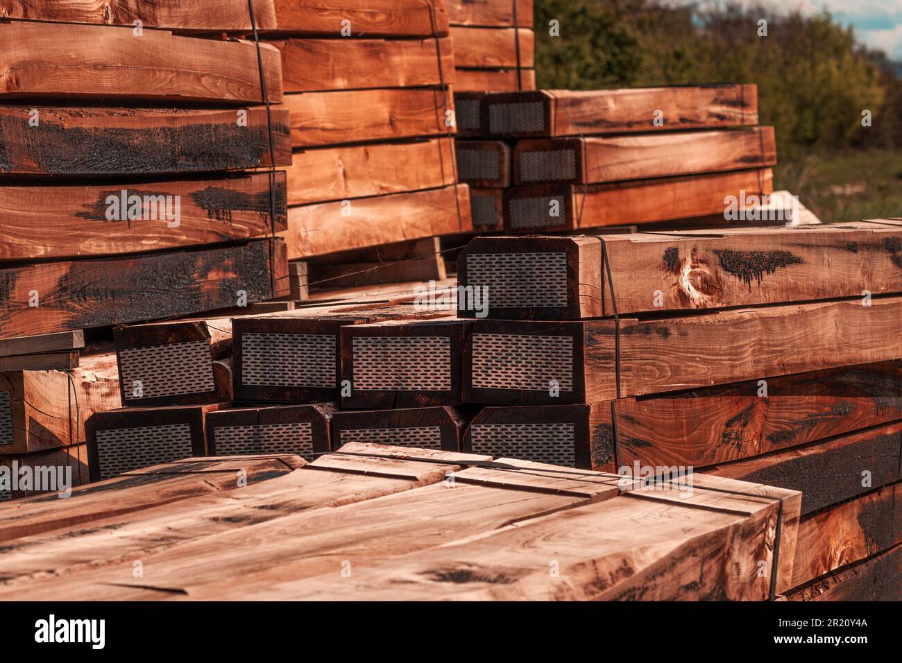 Massive stack of wooden railway sleepers ready to be installed on ...