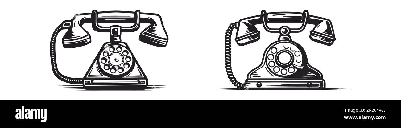 Set of vector logo of hand drawn illustration of retro phone in vintage ...