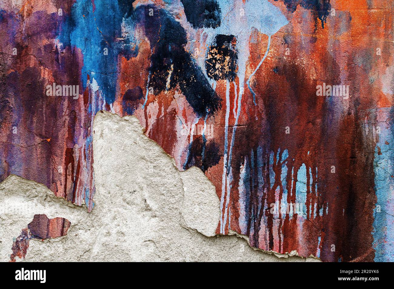 Paint spill drip and smudge pattern on old wall as colorful background ...