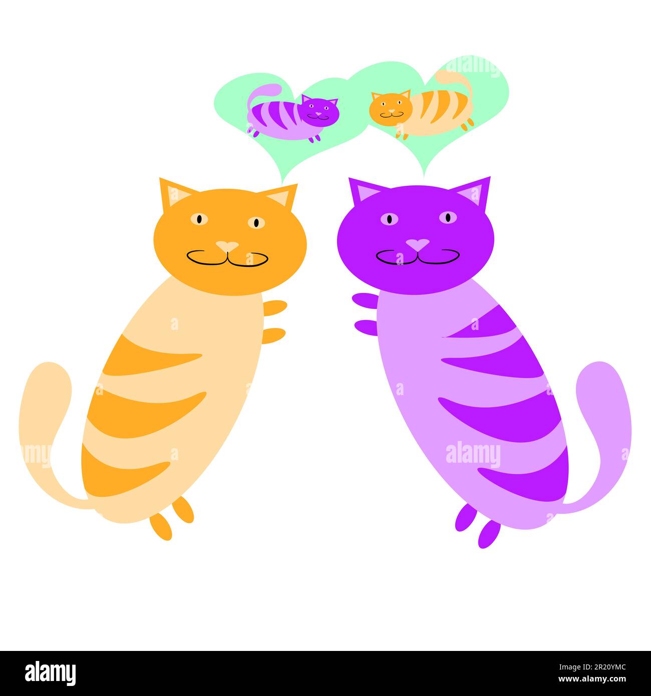 Enamored violet cat and a yellow cat hugging nearby and thinking about ...