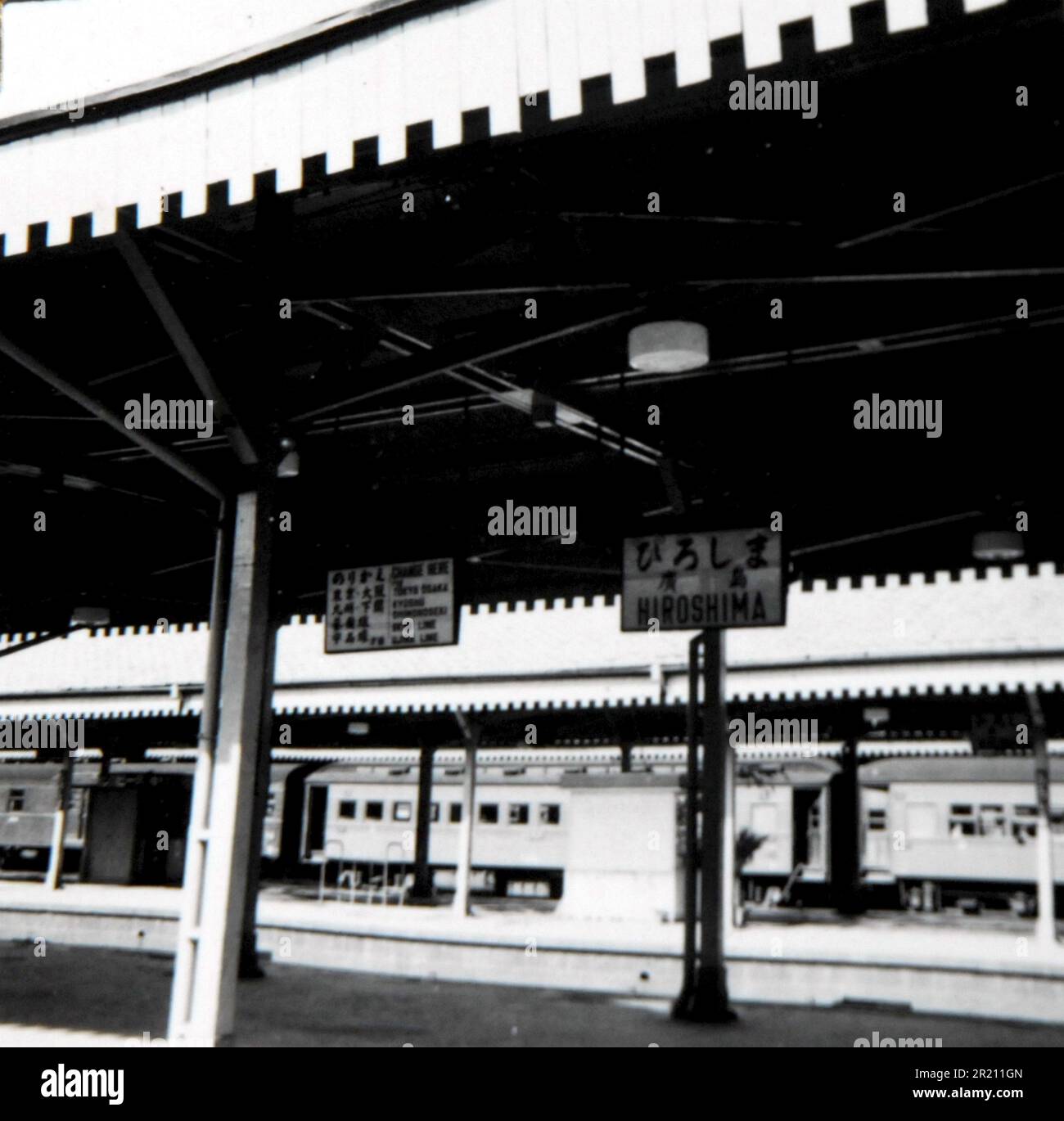 Photograph of a platform at Hiroshima Station in 1950. In 1945, the ...