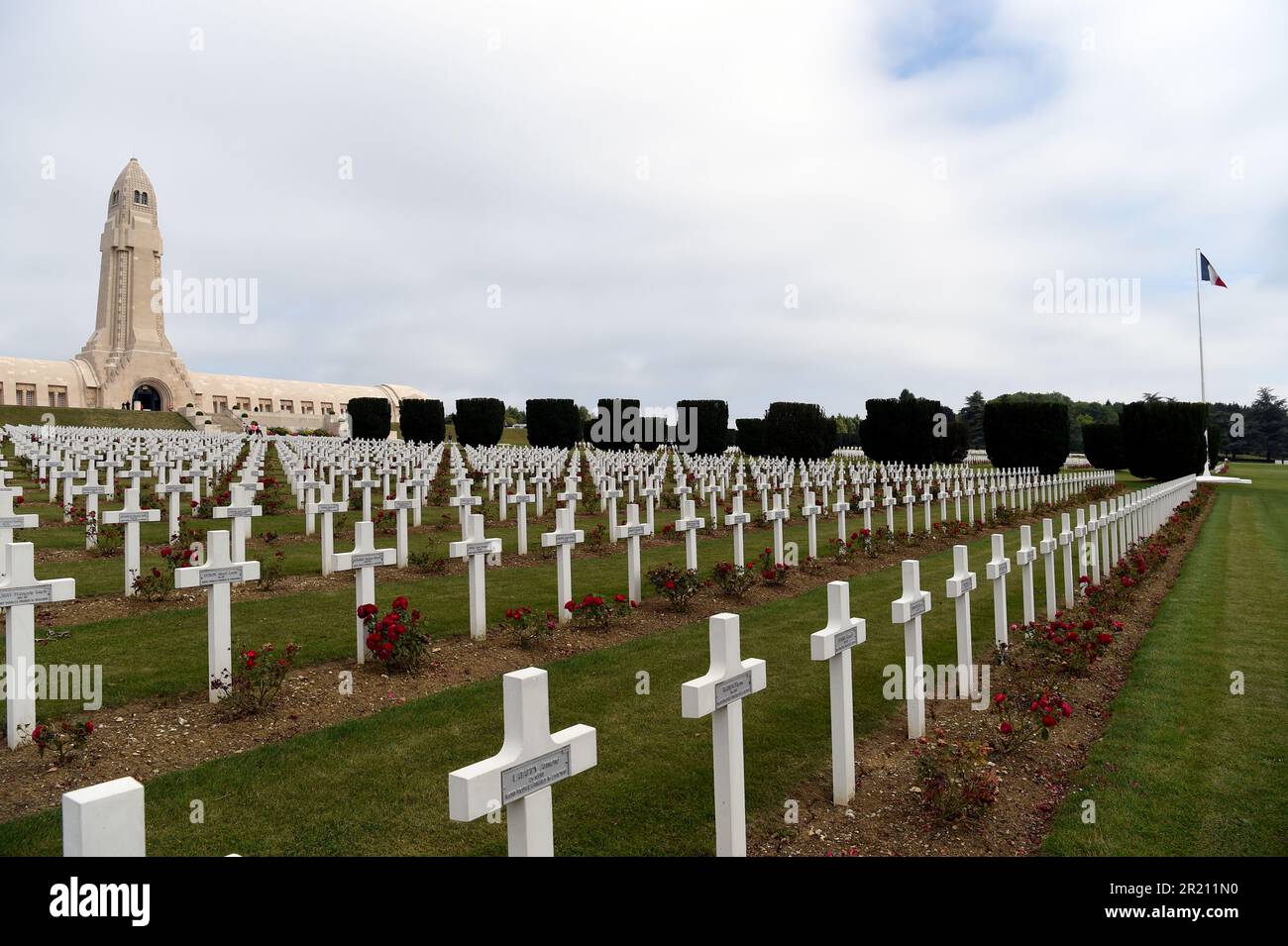 Photograph of the cemetery surrounding the Douaumont Ossuary, a ...