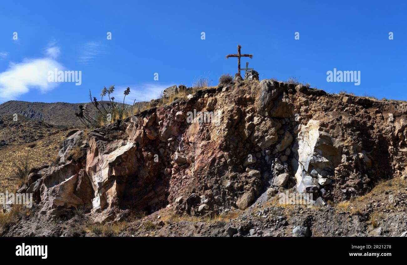 Cross on a rock above the Colca Canyon, Peru Stock Photo - Alamy