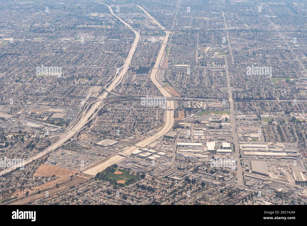 Aerial view of highways and the Los Angeles River in Southern ...