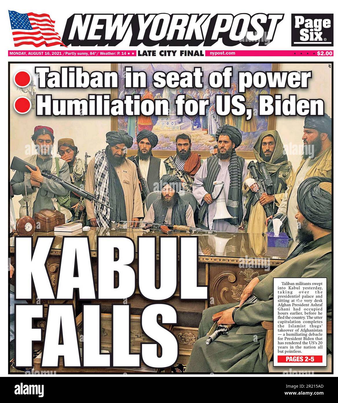 New York Post newspaper Headline (USA), 16th august 2021, takeover of ...