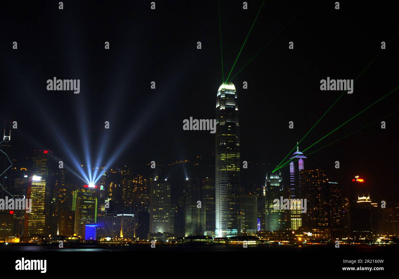 Laser and spotlights shine from buildings in Hong Kong as part of a regular "Symphony of Lights ...