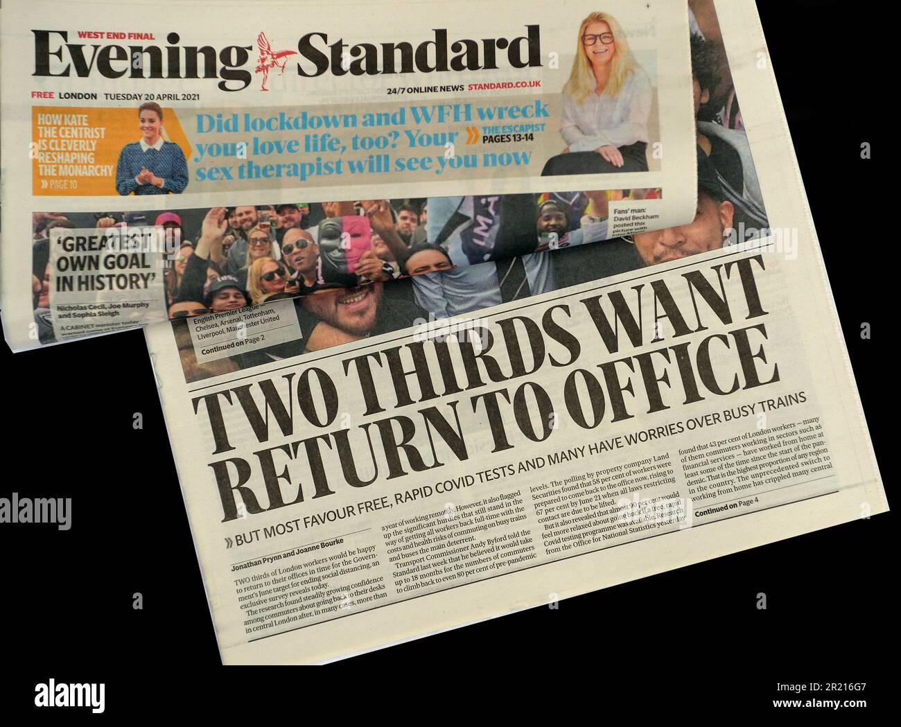 The Evening Standard newspaper front page, 20th April 2021, highlights ...