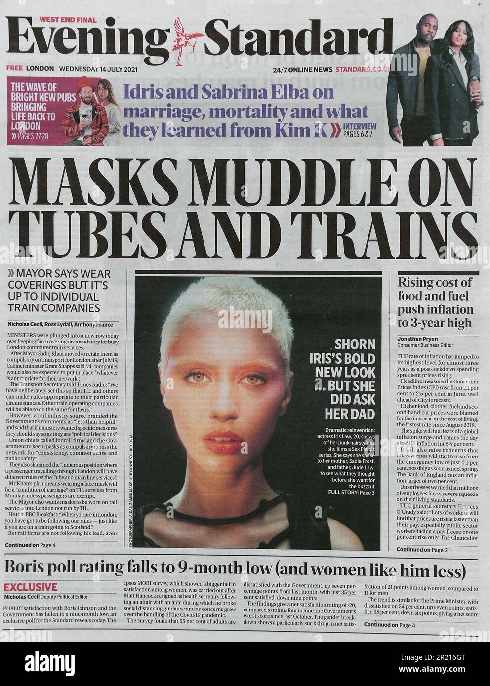 The Evening Standard newspaper front page, 14th July 2021, highlights ...