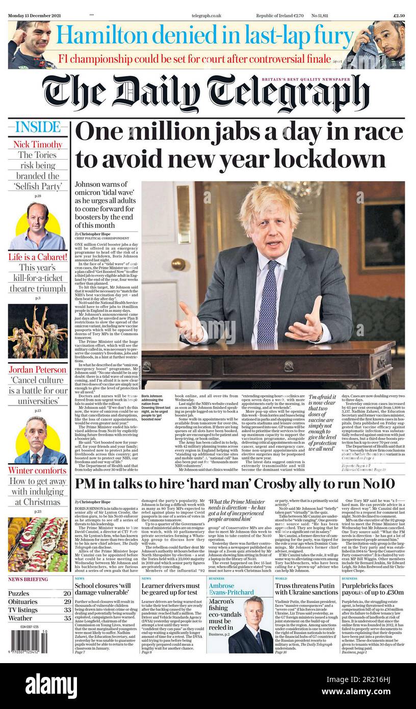 Daily Telegraph front page, 13th december 2021, Prime Minister urges ...