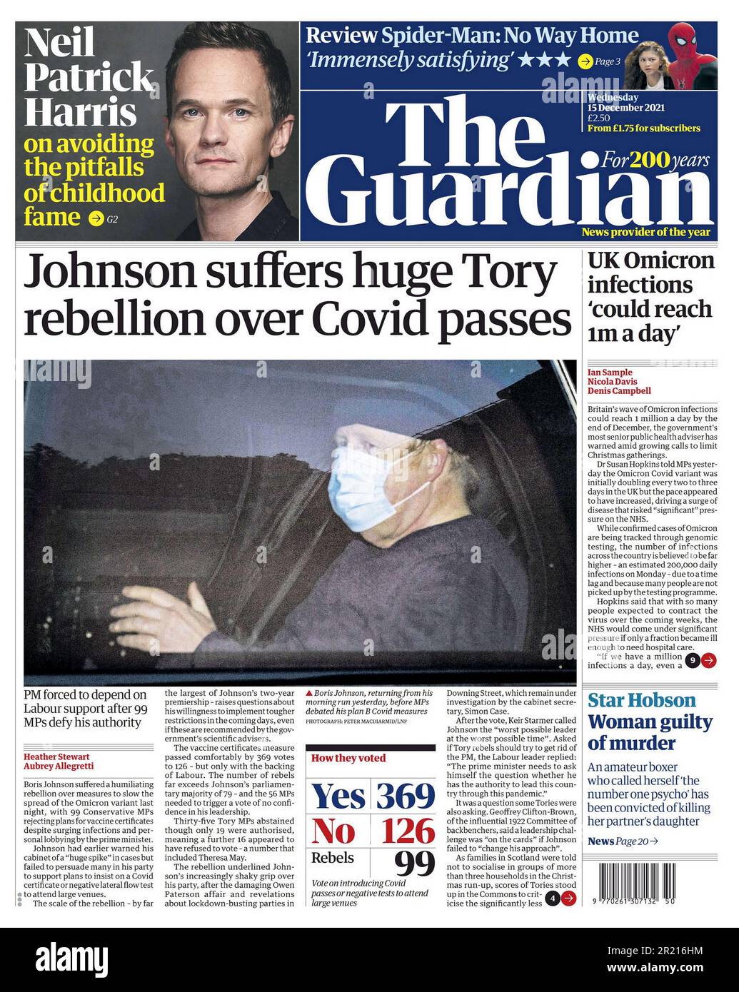 The Guardian newspaper front page, 15th december 2021, Prime Minister ...