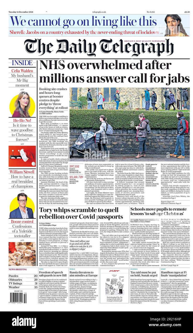 Daily Telegraph front page, 14th december 2021, NHS overwhelmed after ...