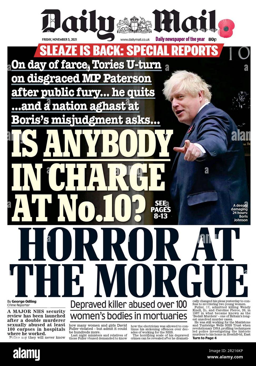 Evening Standard front page (British newspaper), reporting on sleaze ...