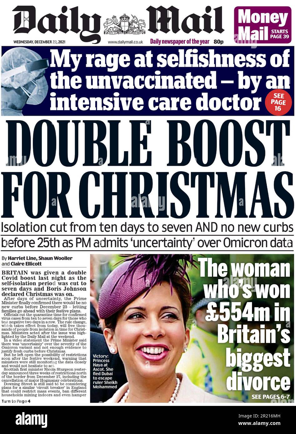 The Daily Mail newspaper front page, 22nd december 2021, Restrictions ...
