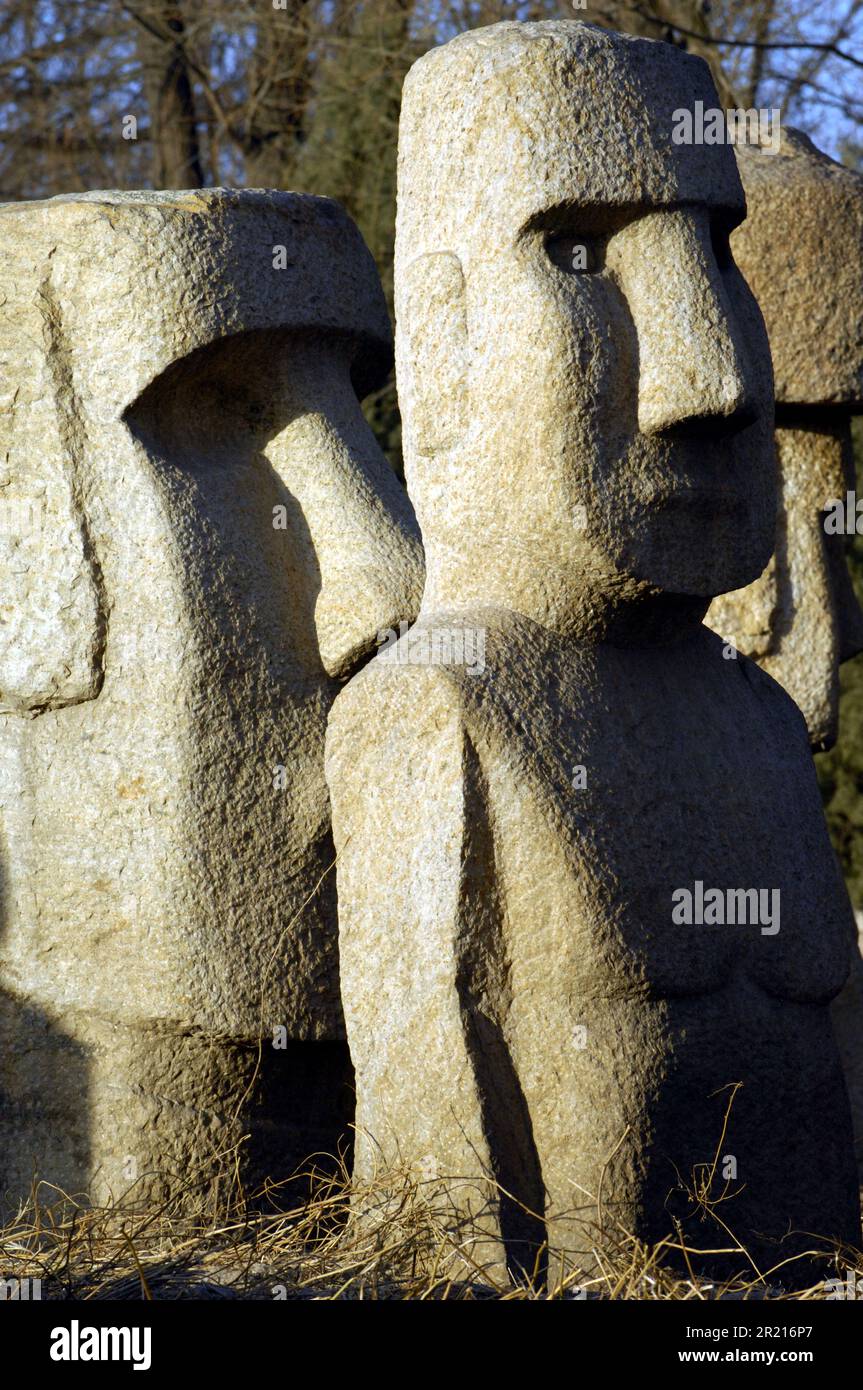 Replica models of maoi, monolithic human figures carved from rock on ...