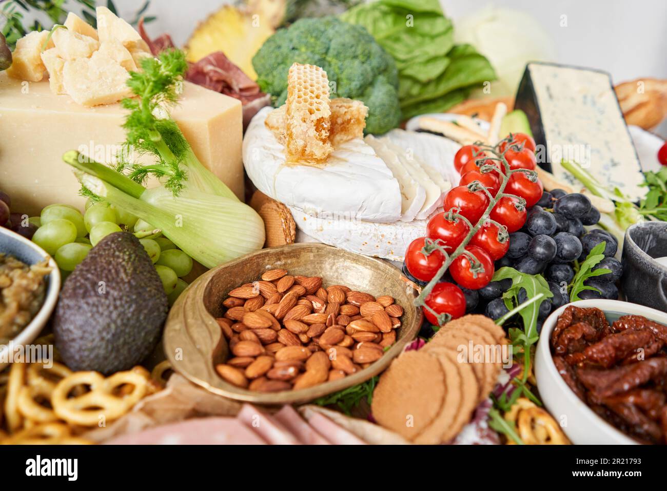 Table full of mediterranean appetizers, tapas or antipasto. Assorted ...