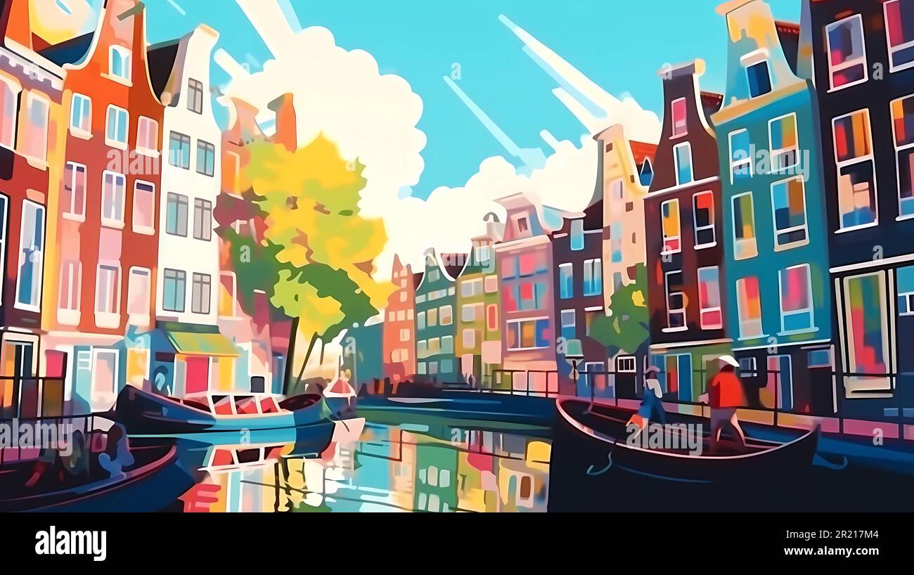 Illustration of a beautiful city view on the river Stock Photo - Alamy