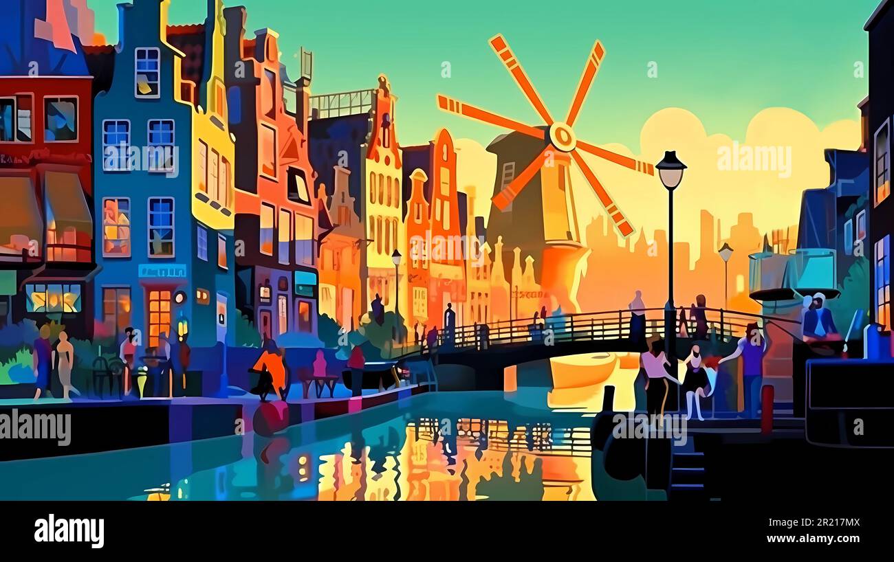 Illustration of a beautiful city view on the river Stock Photo - Alamy