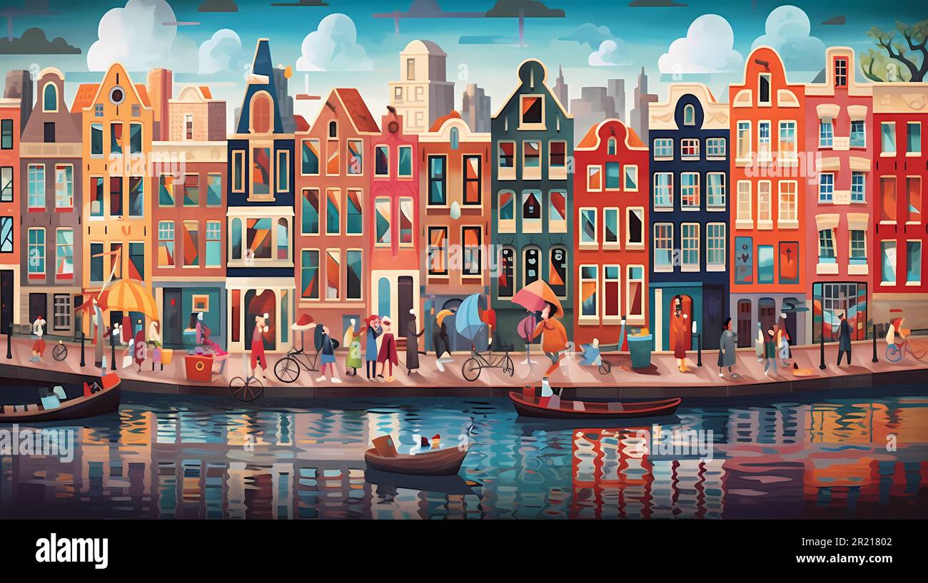 Illustration of a beautiful city view on the river Stock Photo - Alamy