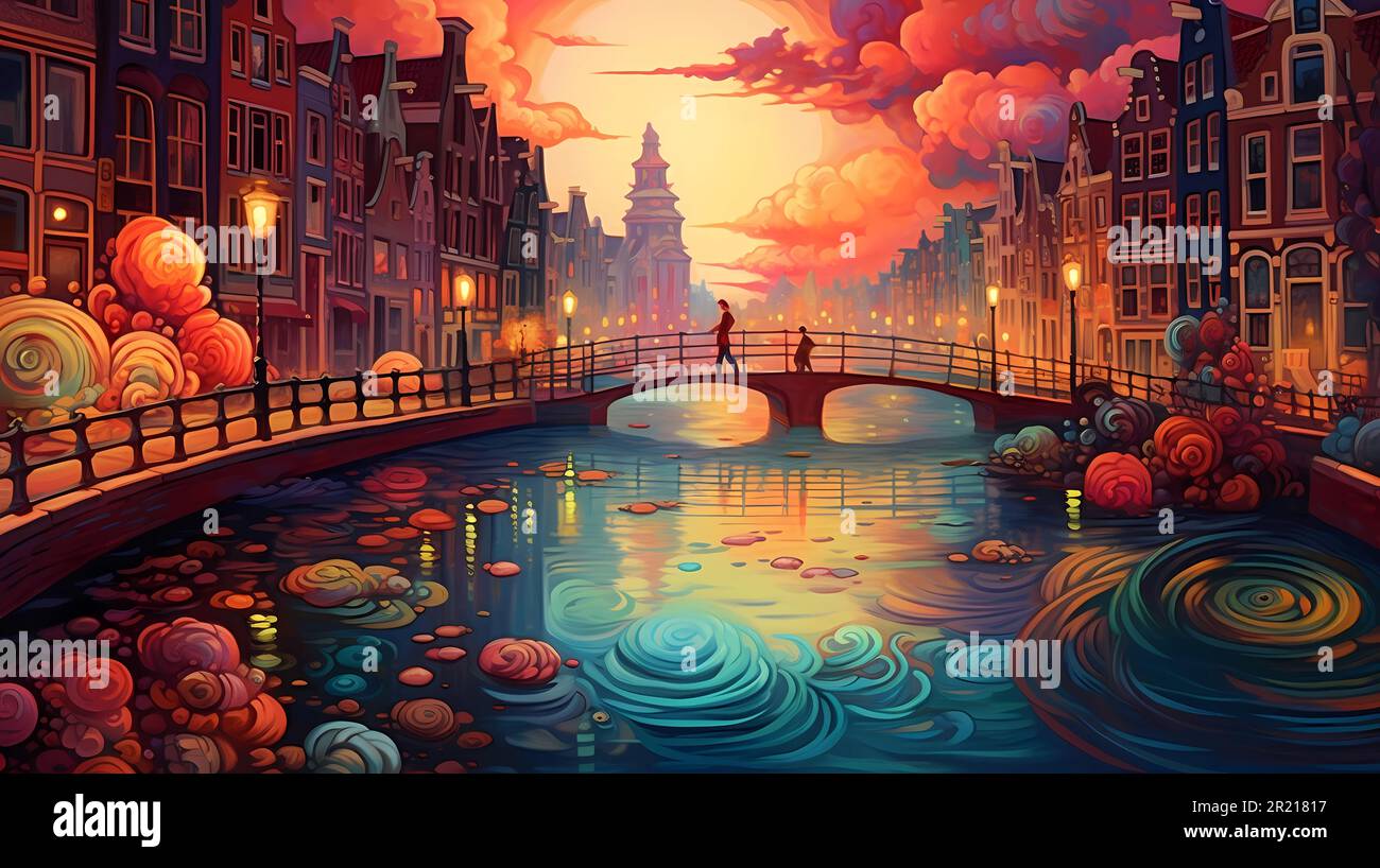 Illustration of a beautiful city view on the river Stock Photo - Alamy
