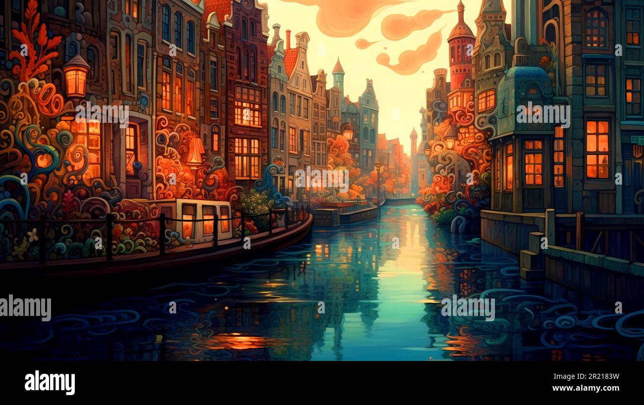 Illustration of a beautiful city view on the river Stock Photo - Alamy