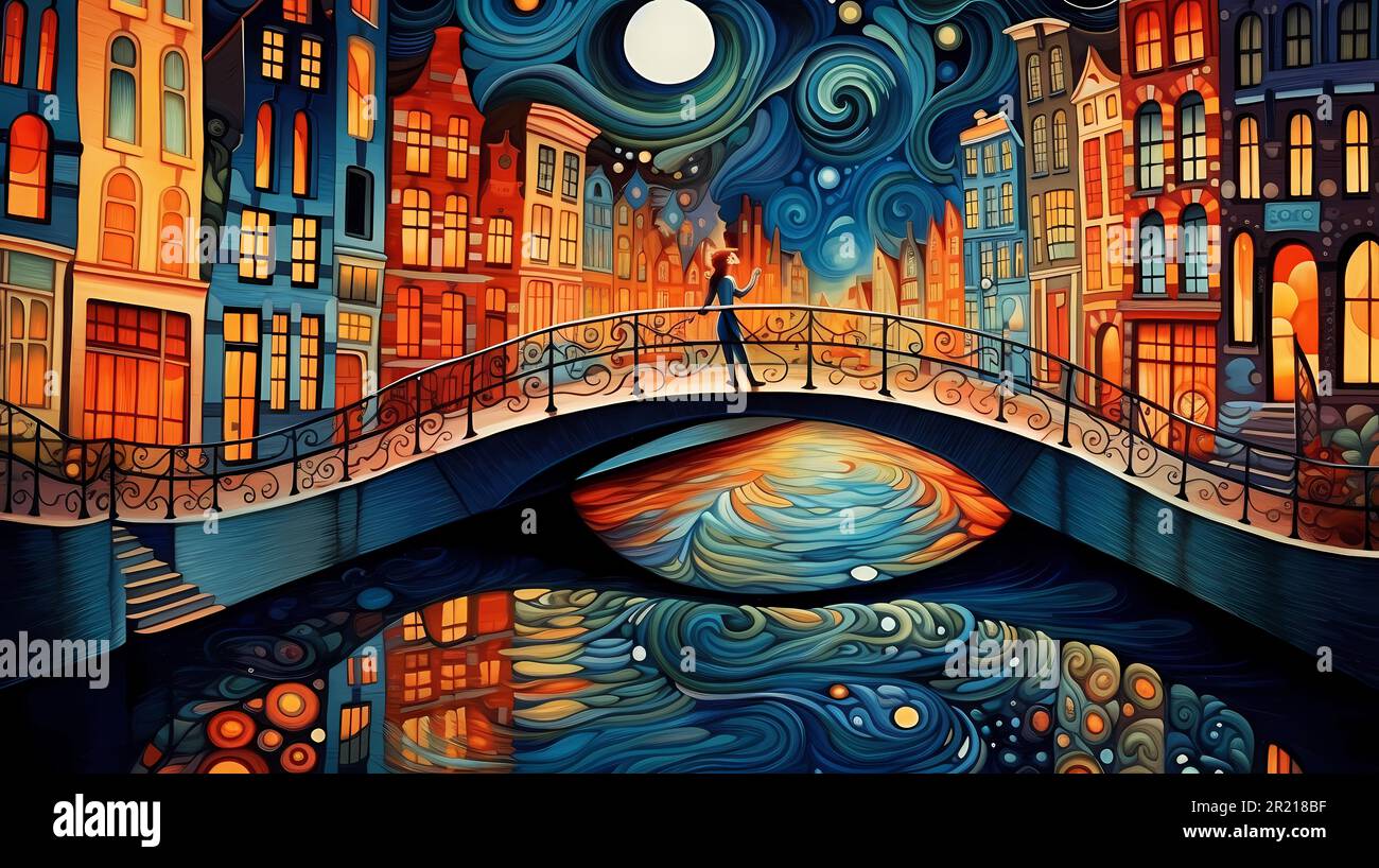 Illustration of a beautiful city view on the river Stock Photo - Alamy