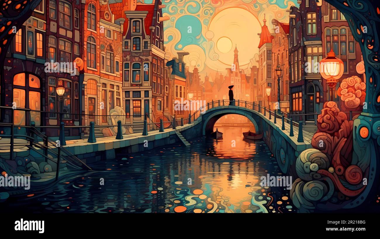 Illustration of a beautiful city view on the river Stock Photo - Alamy