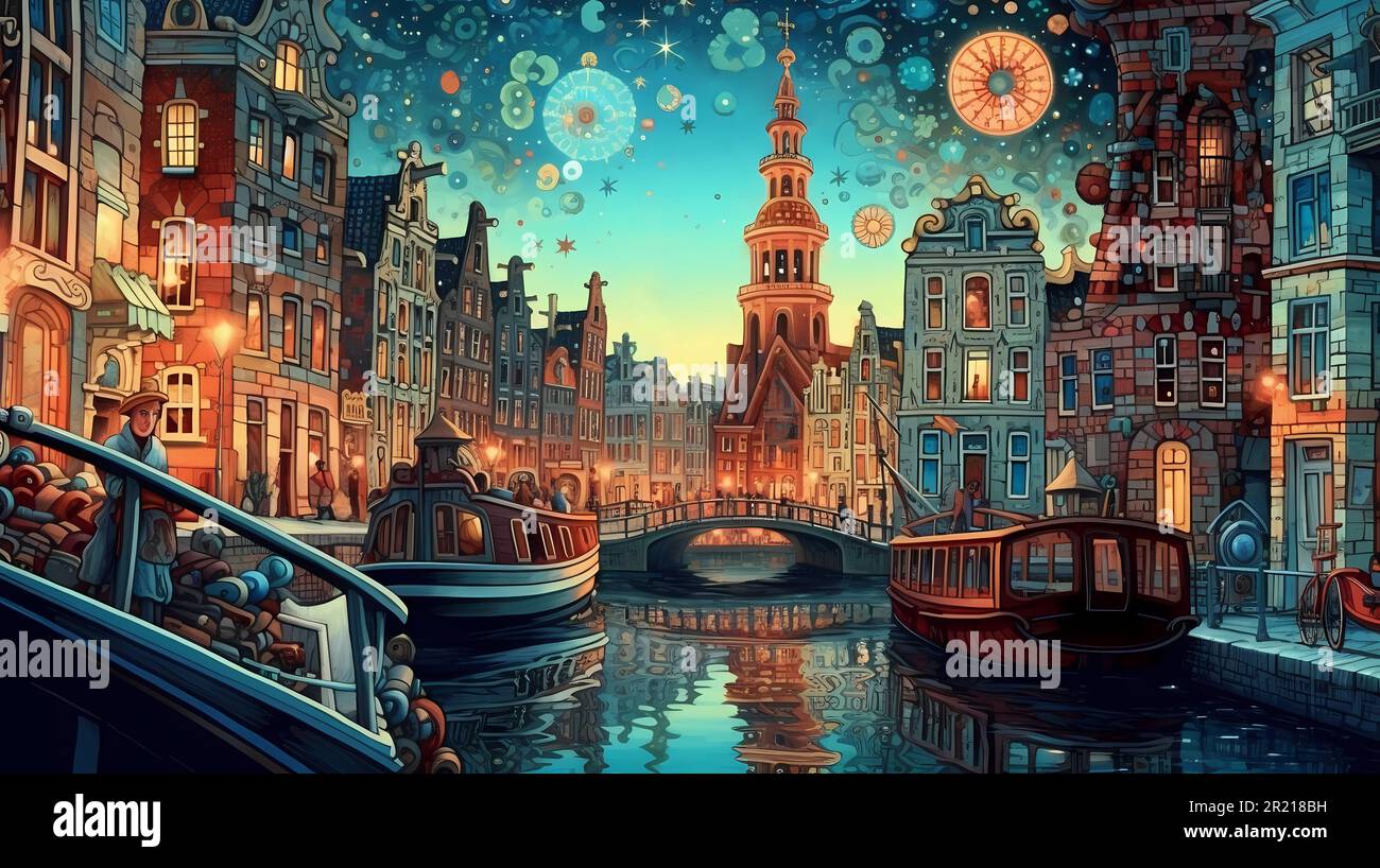 Illustration of a beautiful city view on the river Stock Photo - Alamy