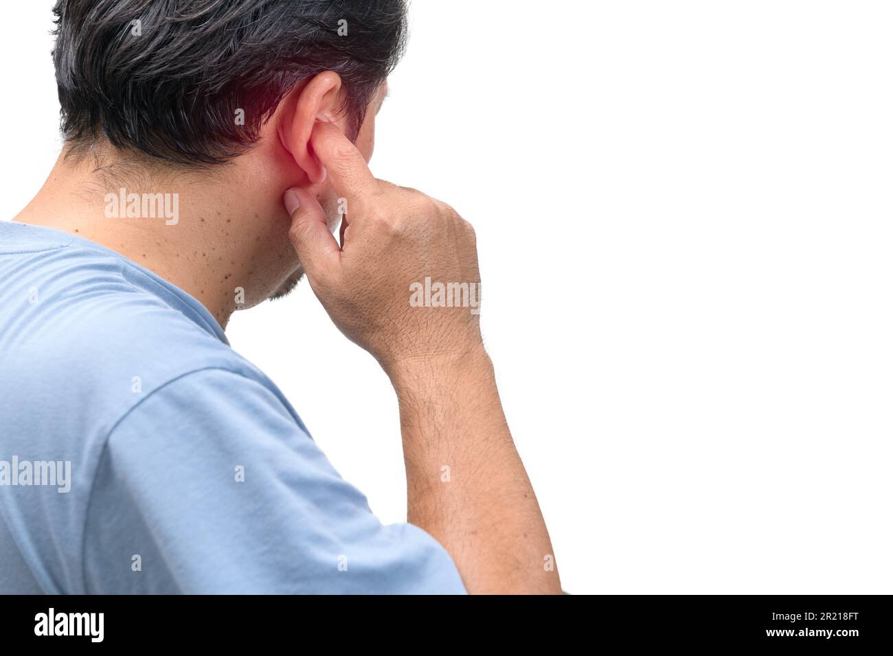 Man with earache is holding his aching ear body pain or man touch ear ...
