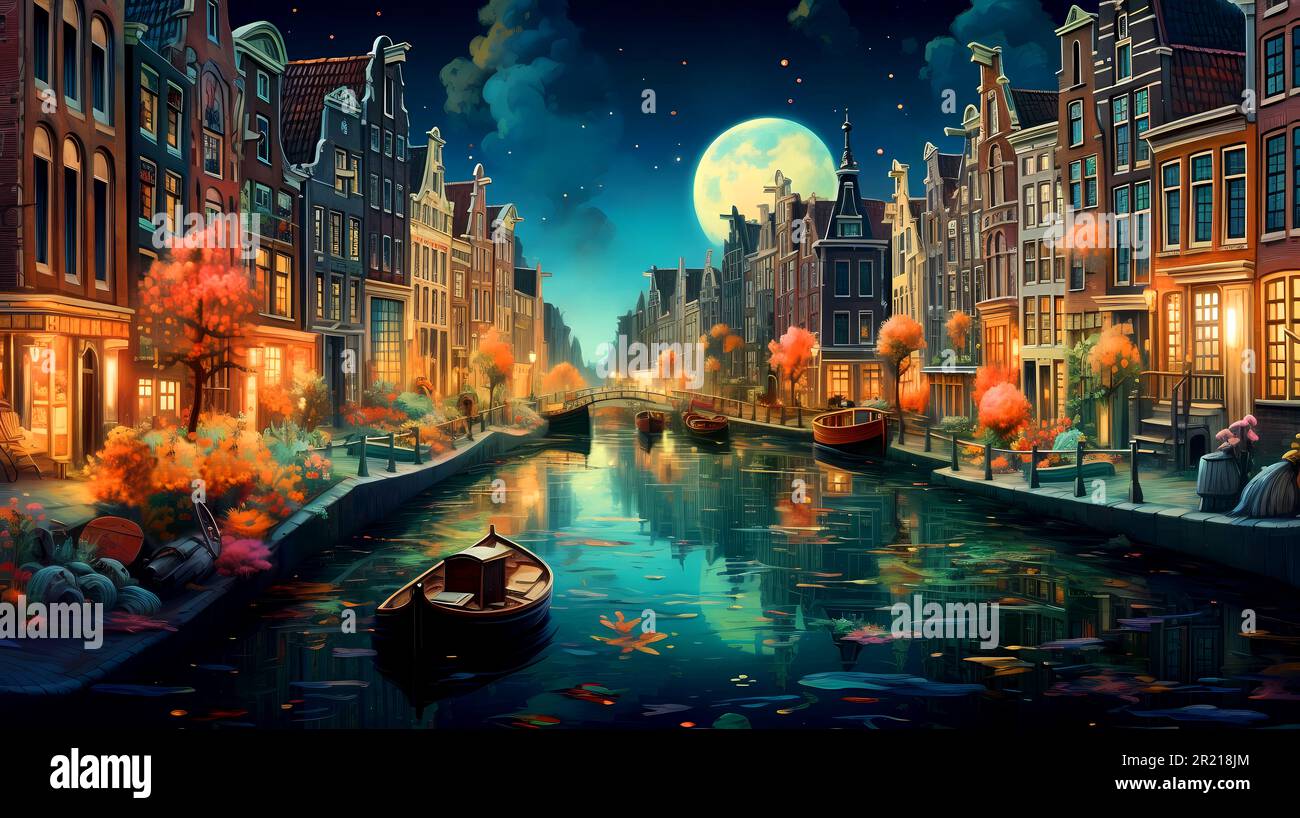 Illustration of a beautiful city view on the river Stock Photo - Alamy