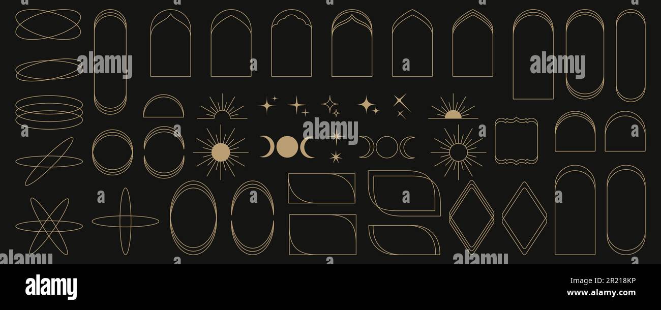 Set of minimalistic linear arch frames in trendy modern minimalist Y2k aesthetic style. Abstract ...