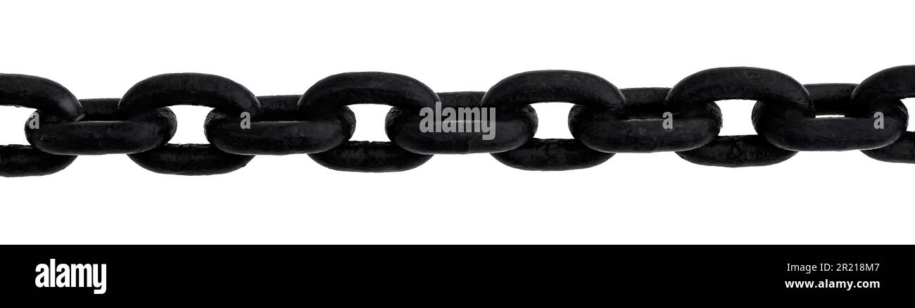Long black metal chain on a white background. Chain links close up ...