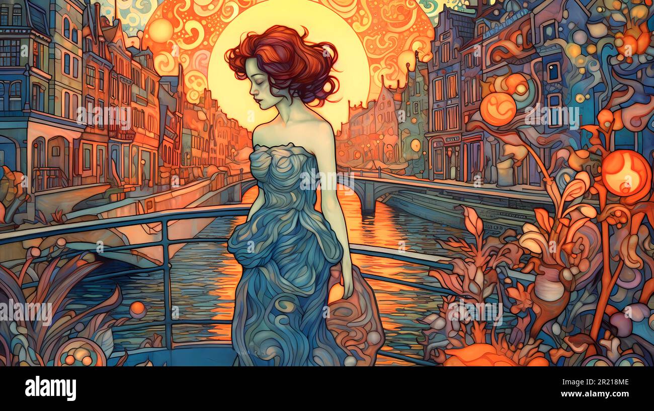 Illustration of a beautiful city view on the river Stock Photo - Alamy