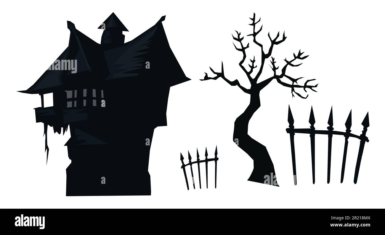 Halloween vector art of horror tree, house and gate .Halloween ...