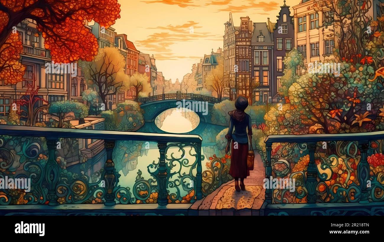 Illustration of a beautiful city view on the river Stock Photo - Alamy