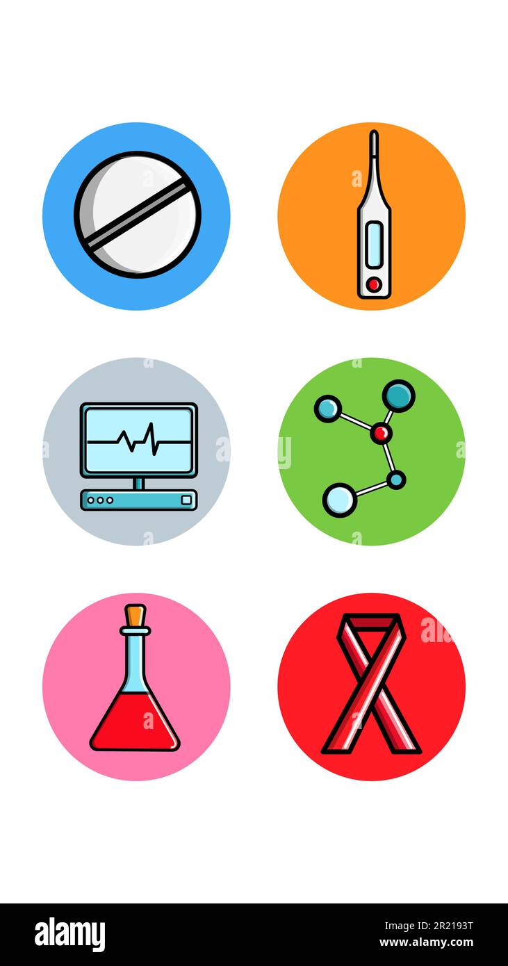 Set of six round icons for topical with medical medical pharmacological ...