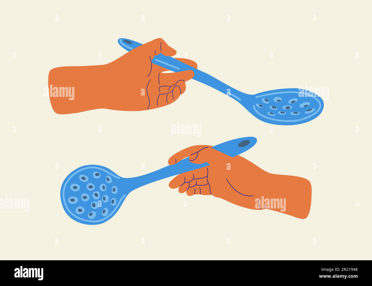 People hands with skimmer spoon close up vector illustration. Palms ...
