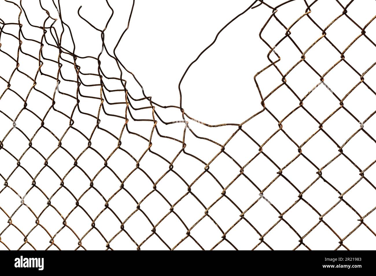 The texture of the metal mesh. Torn, destroyed, broken metal mesh on a ...