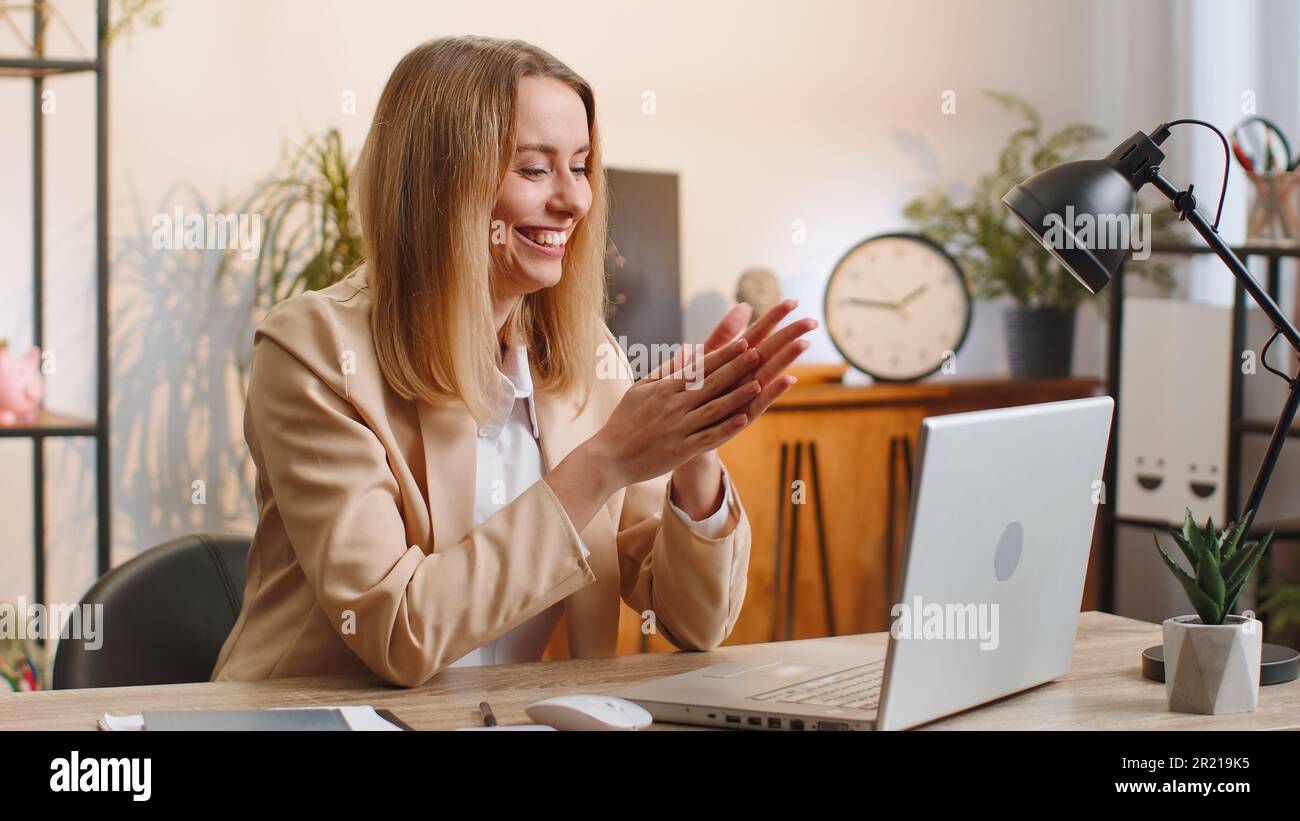 Sneaky cunning blonde young businesswoman with tricky face ...