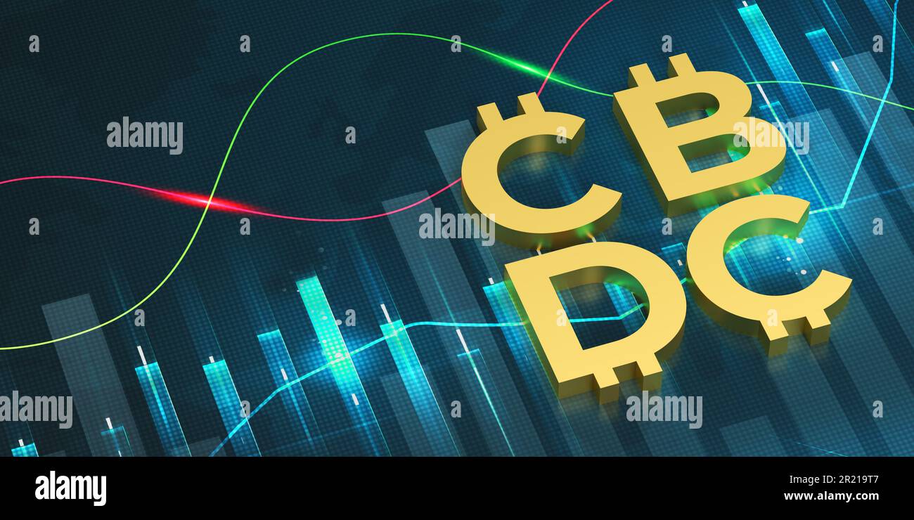 Golden CBDC futuristic digital money on candlestick chart background, copy space. Central Bank ...