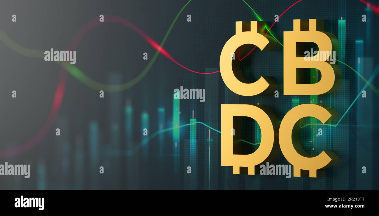 Golden CBDC futuristic digital money on candlestick chart background, copy space. Central Bank ...