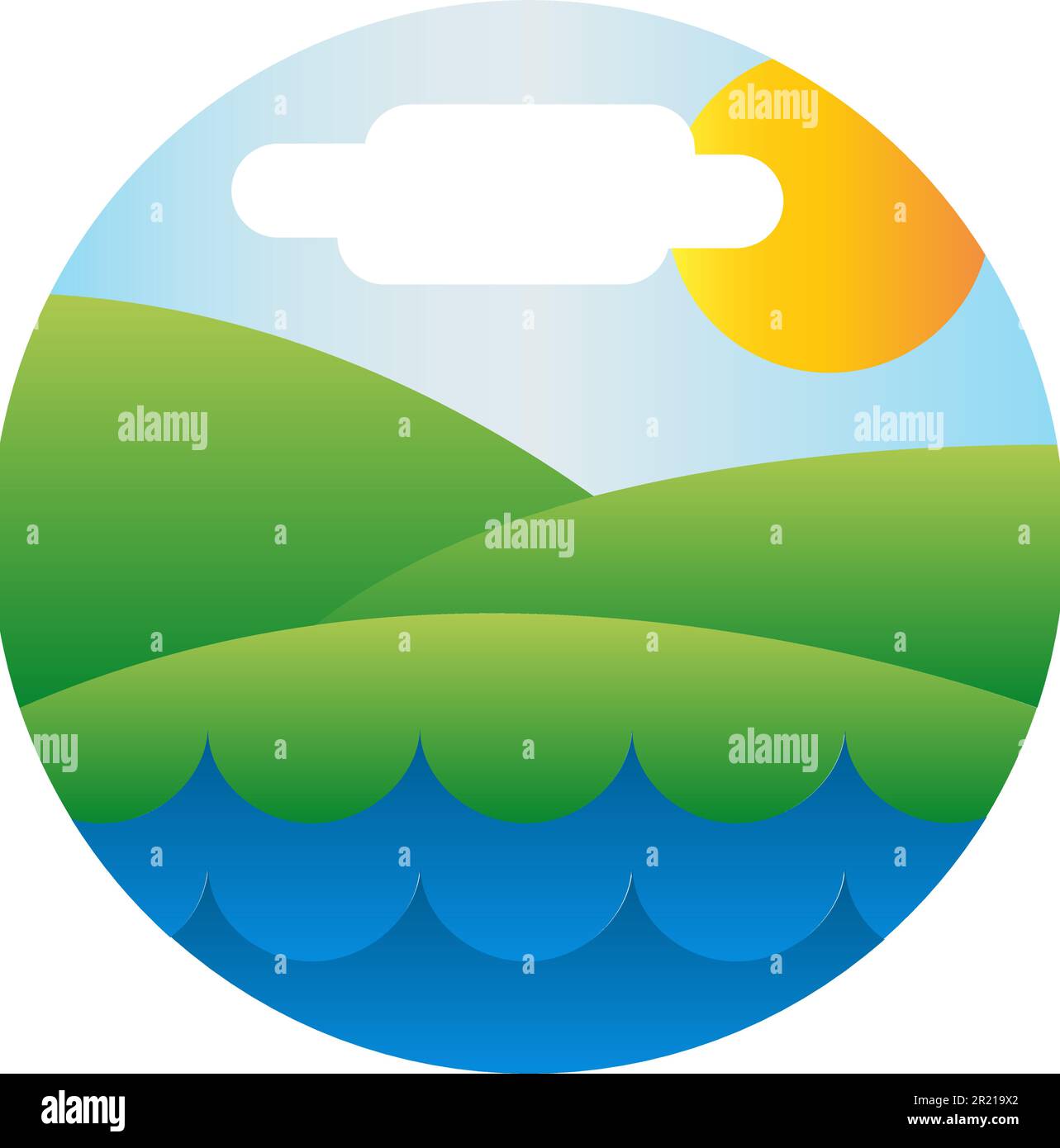 River water and hill valley countryside vector. Lake shore and green ...