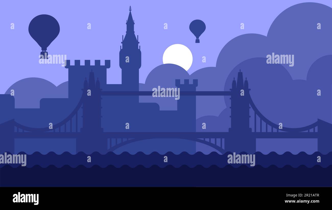 London city landscape with castle and river vector. Great britain ...