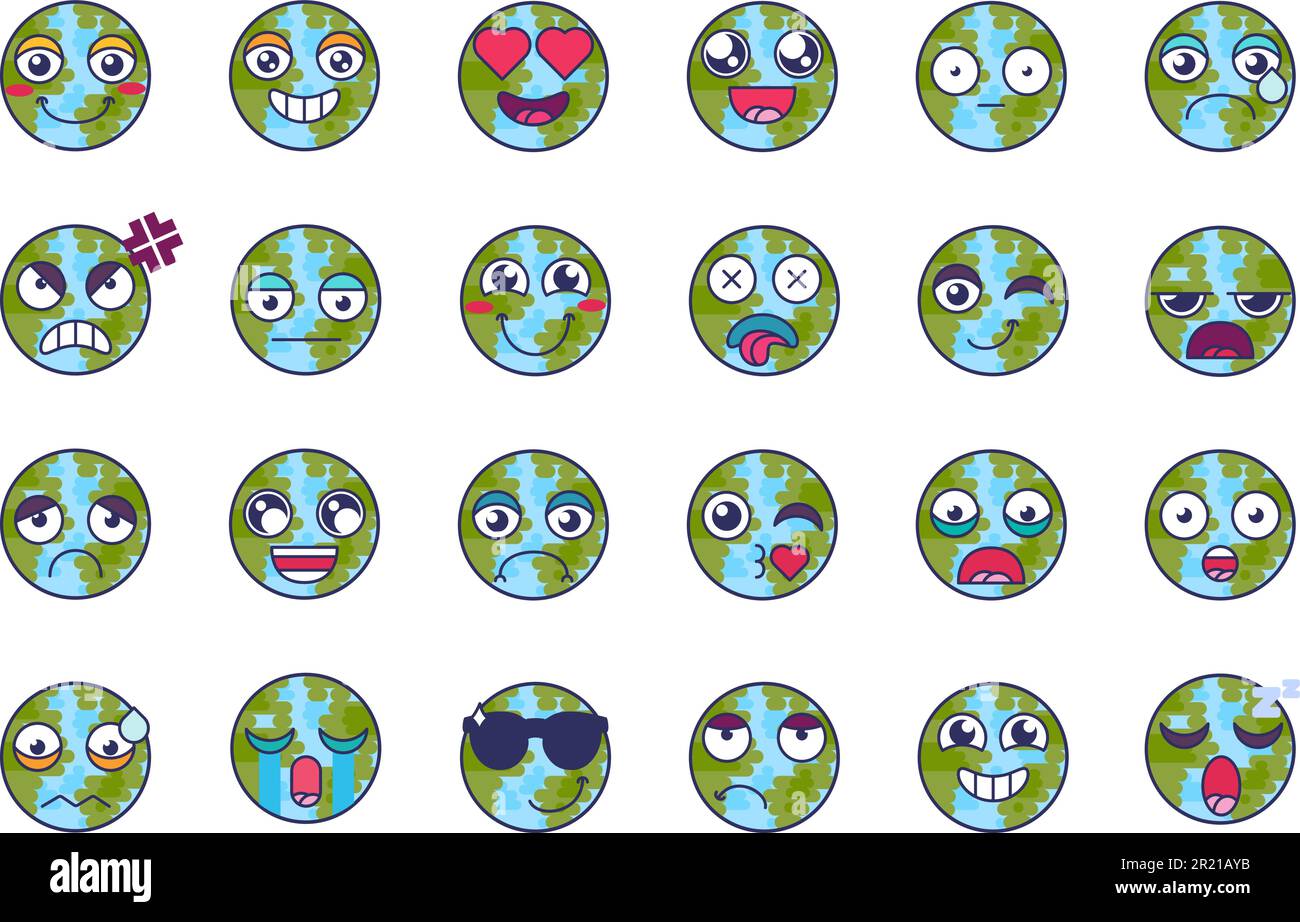 Planet globe emoji mood and expression set vector. Earth sphere collection face with glasses and ...