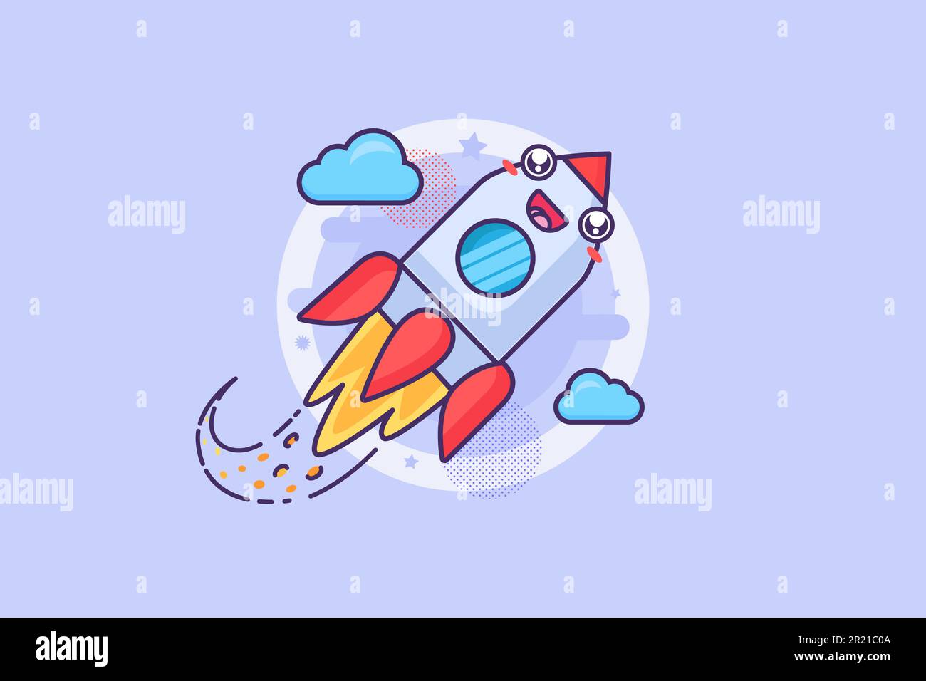 Happy rocket launch and fly in sky scape vector. Cute smiling spaceship ...