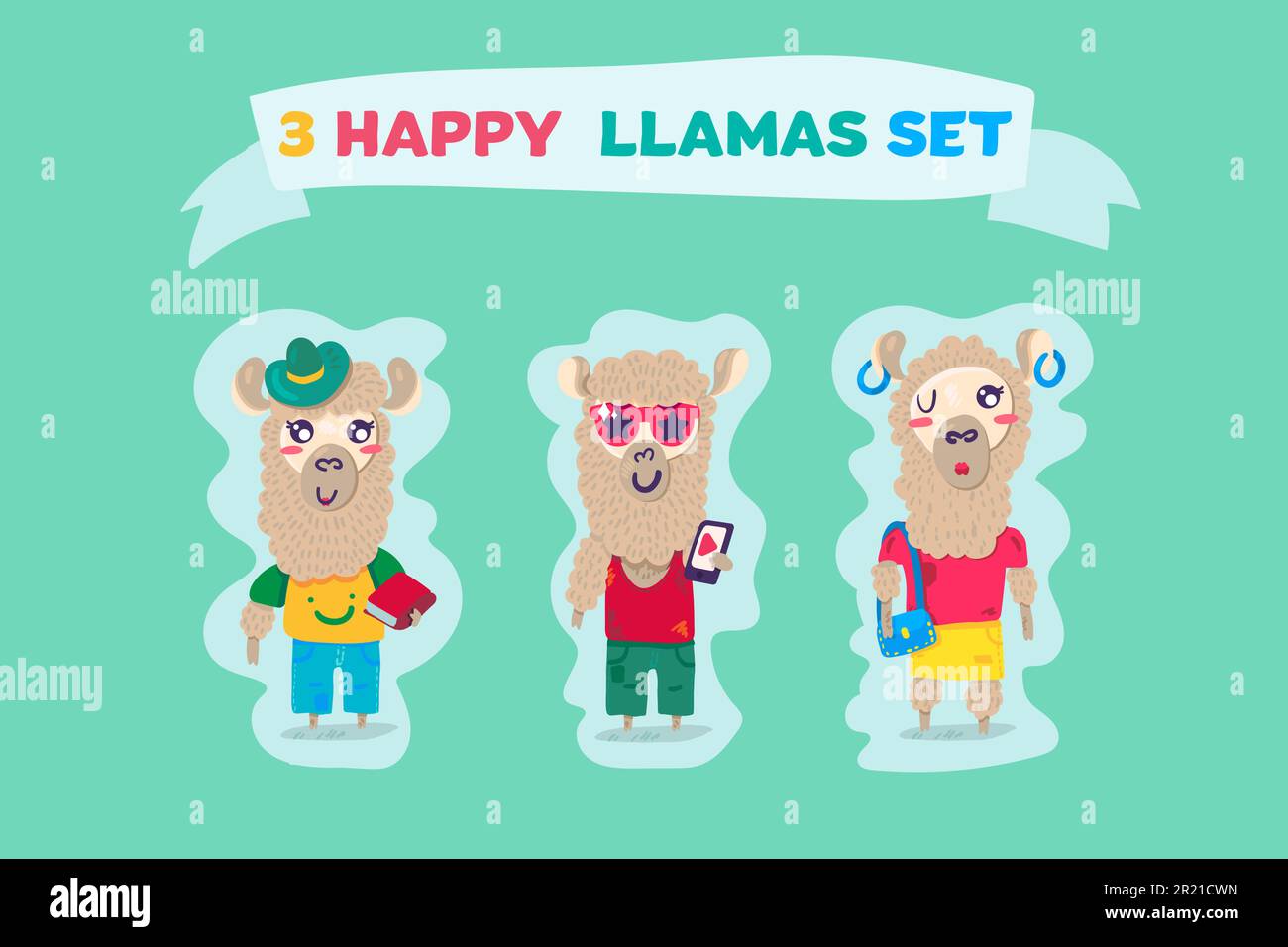 Happy llamas attractive and funny animals vector. Lama holding ...