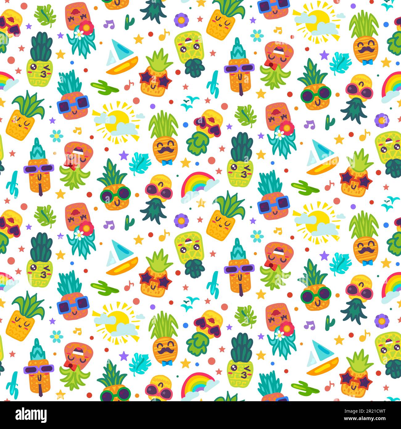 Happy pineapple summer seamless pattern vector background. Funny ...