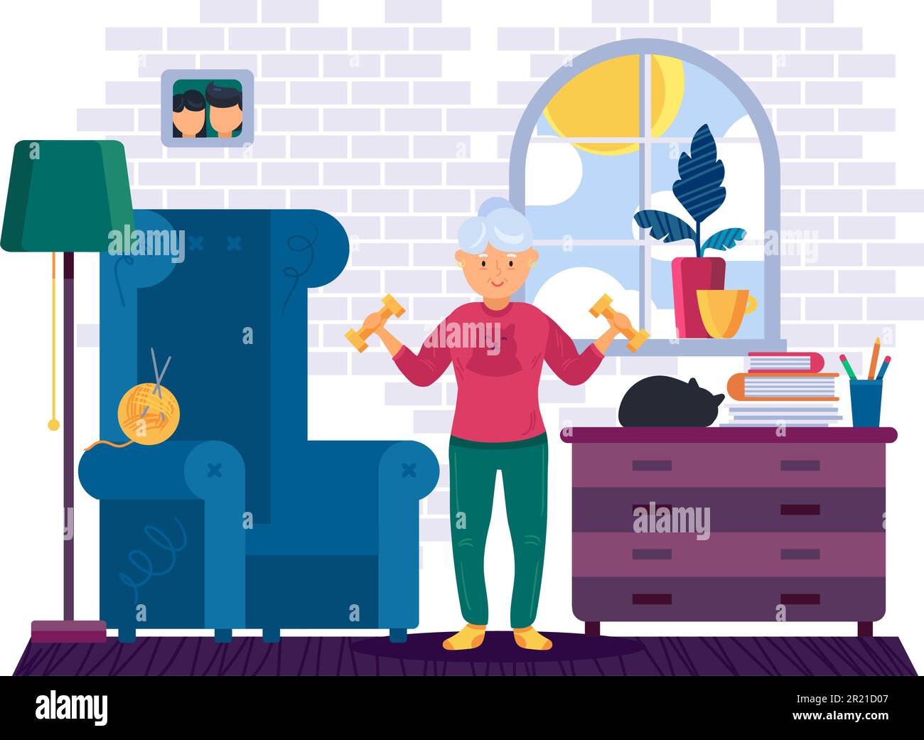 Grandma workout with dumbbells at home vector. Grandmother training ...