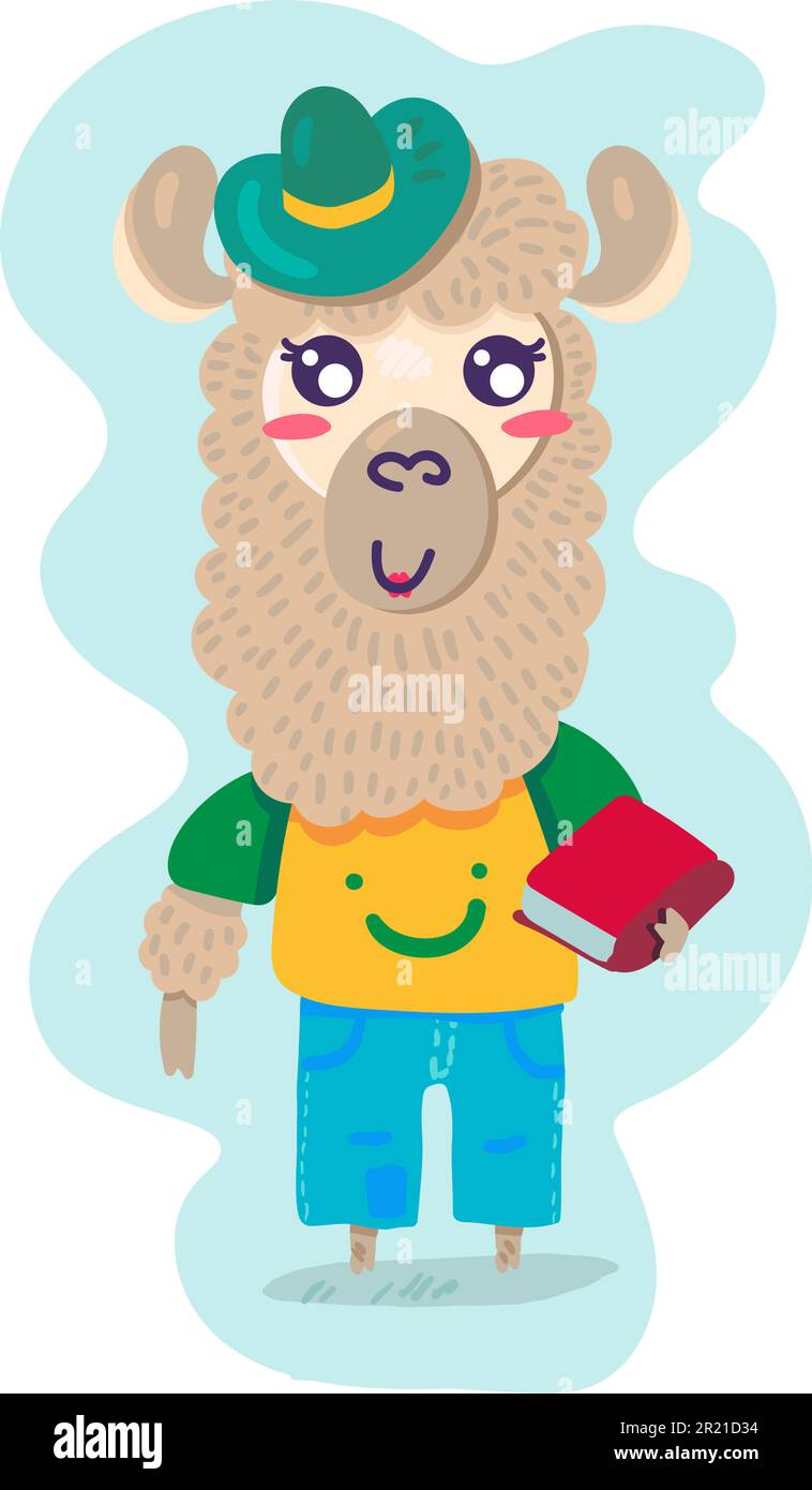 Lama hold education book for learn lesson vector. Cute and funny happy ...