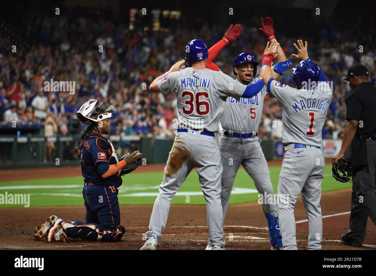 Chicago Cubs center fielder Christopher Morel (5) celebrates a 3-run ...