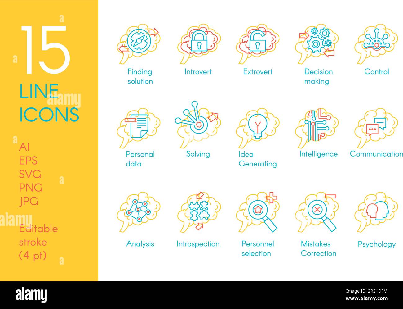 Brain mind function collection icon set vector. Solving and finding ...